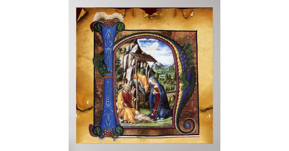 NATIVITY PARCHMENT MONOGRAM POSTER | Zazzle