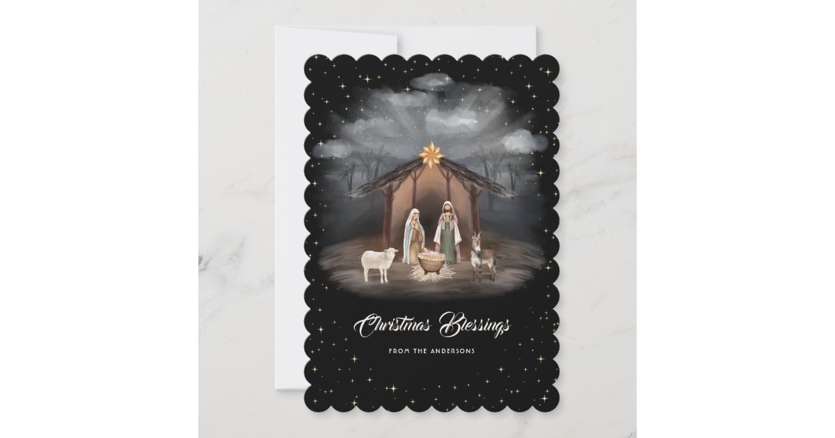 Nativity Scene Black Christmas Blessings Christian Holiday Card | Zazzle