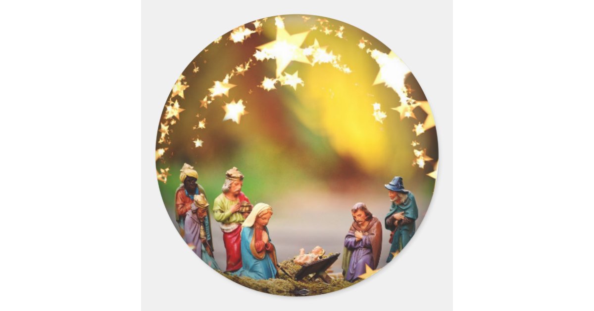 Nativity Scene Crib Virgin Mary Infant Jesus Stars Classic Round ...