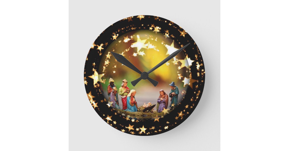 Nativity Scene Crib Virgin Mary Infant Jesus Stars Round Clock | Zazzle