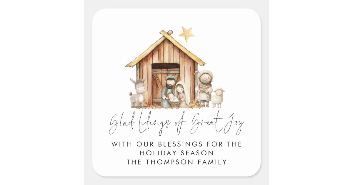 Nativity Stable Scene Tidings Great Joy Square Sticker | Zazzle