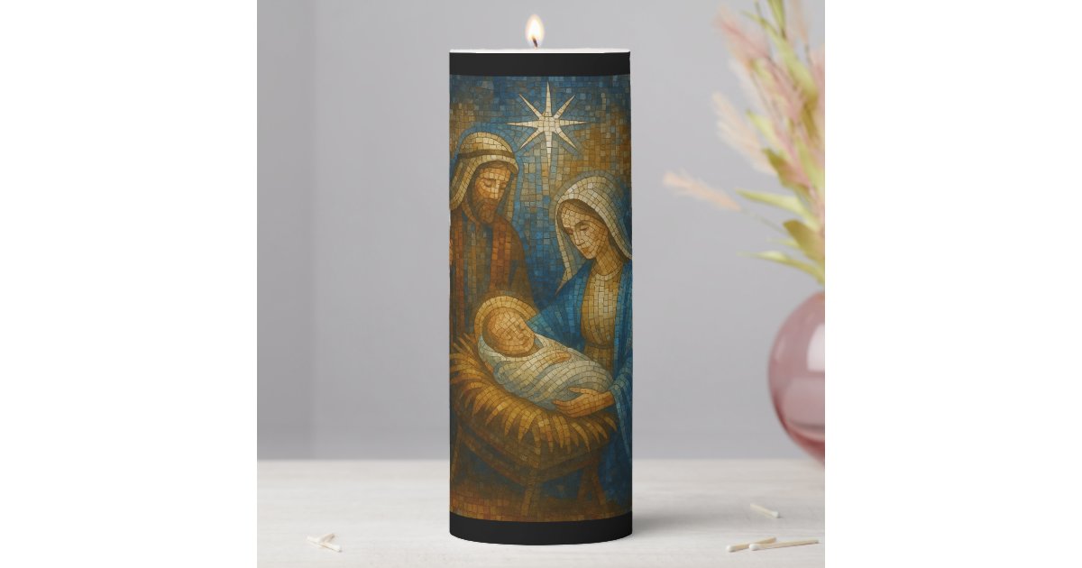 Nativity Stained Glass Mosaic | Holy Family Pillar Candle | Zazzle