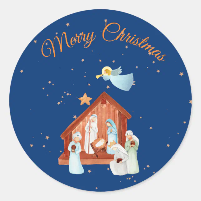Nativity & Stars Classic Round Sticker | Zazzle