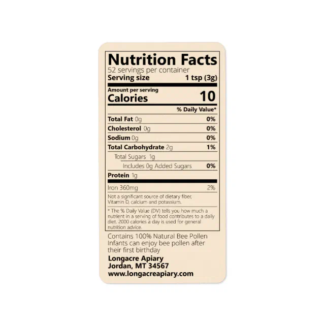 Natural Bee Pollen Nutrition Facts Gold Product Label | Zazzle