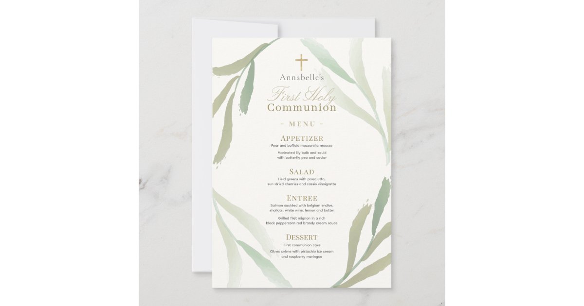 Natural Green Foliages First Holy Communion Menu Invitation | Zazzle