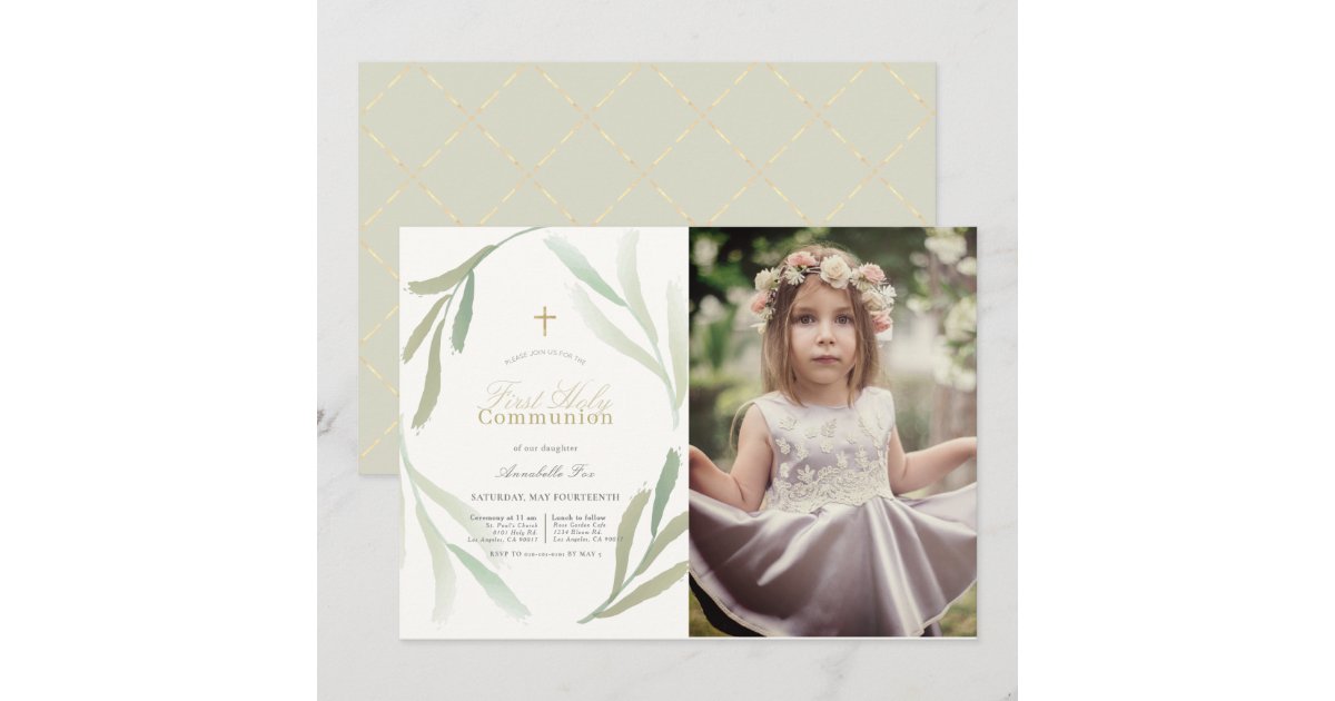 Natural Green Foliages Photo First Holy Communion Invitation | Zazzle