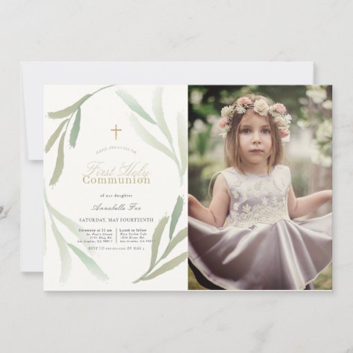 Natural Green Foliages Photo First Holy Communion Invitation | Zazzle
