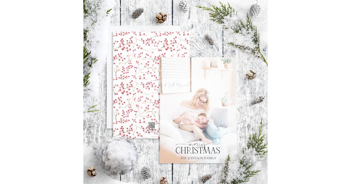 Natural Red Berry Merry Christmas Script Photo Hol Holiday Card | Zazzle