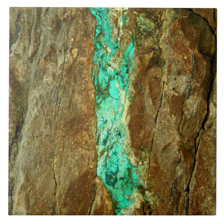 Natural turquoise vein in rough brown stone tile | Zazzle
