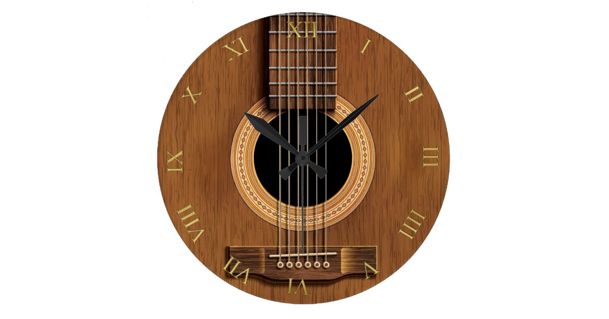 Natural Wood Look Acoustic Guitar Music Large Clock | Zazzle