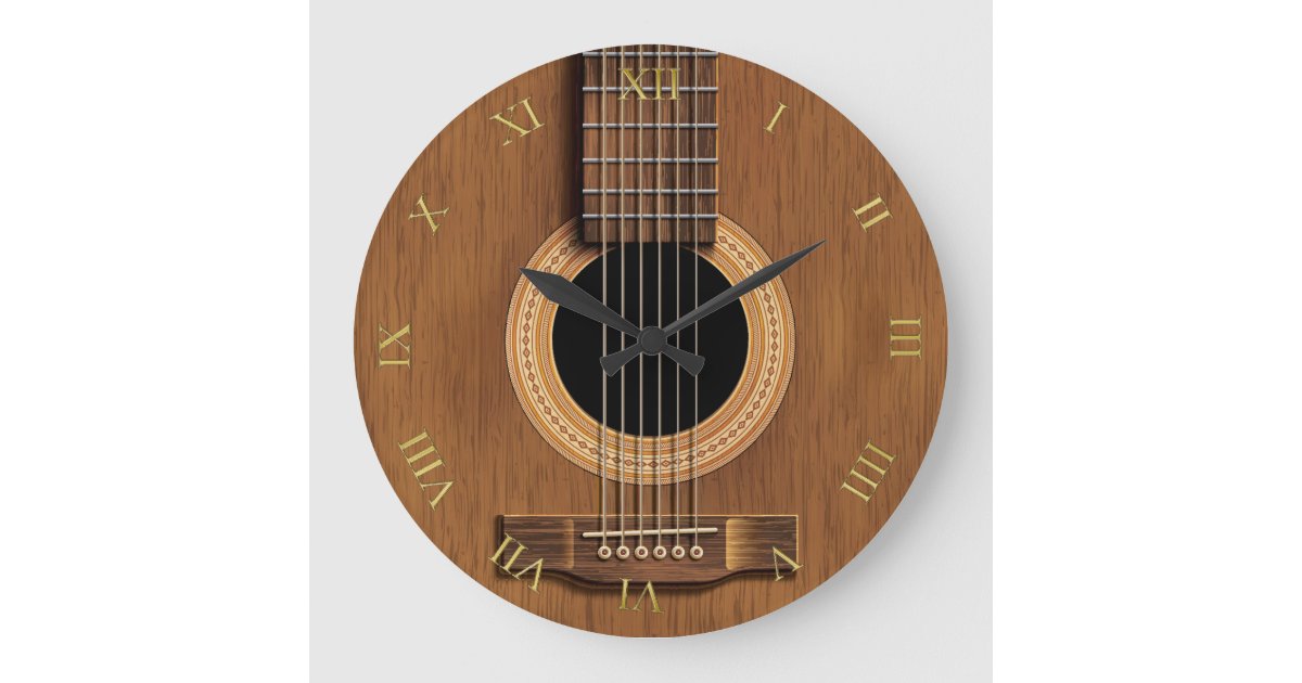 Natural Wood Look Acoustic Guitar Music Large Clock | Zazzle
