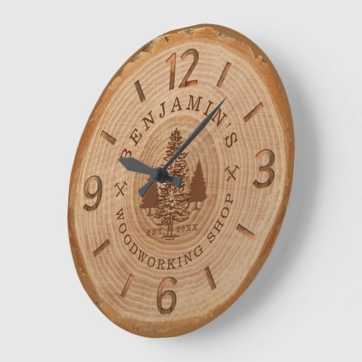 Natural Wood Slice Personalized Woodworking Shop Large Clock | Zazzle