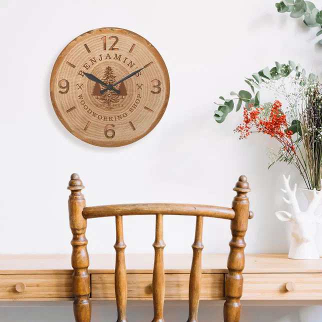 Natural Wood Slice Personalized Woodworking Shop Large Clock | Zazzle