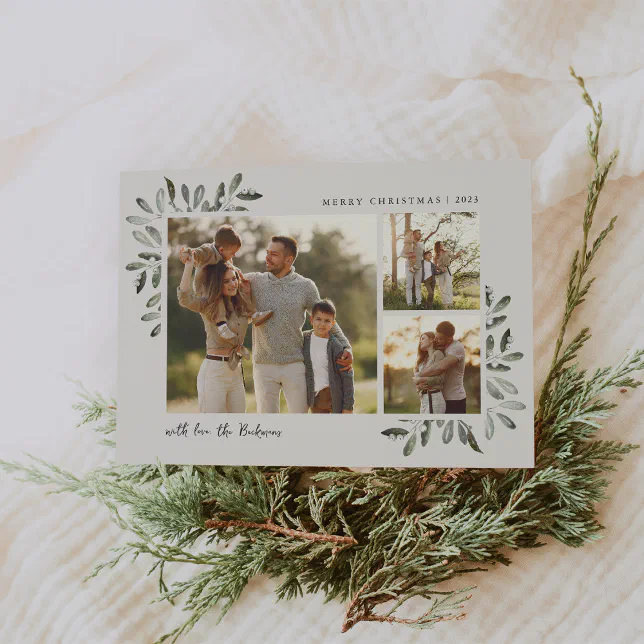 Naturally Joyful | Elegant Watercolor 3 Photo Holiday Card | Zazzle