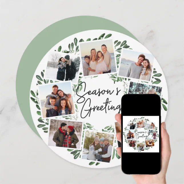 Naturally Joyful Watercolor Round Photo Collage Holiday Card | Zazzle