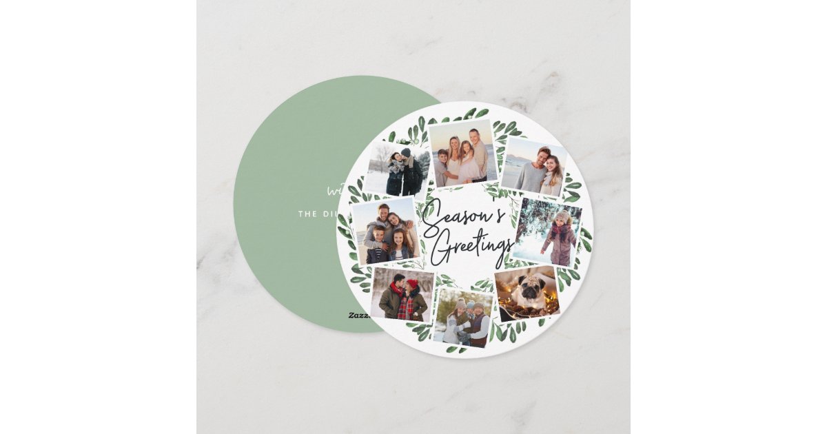 Naturally Joyful Watercolor Round Photo Collage Holiday Card | Zazzle