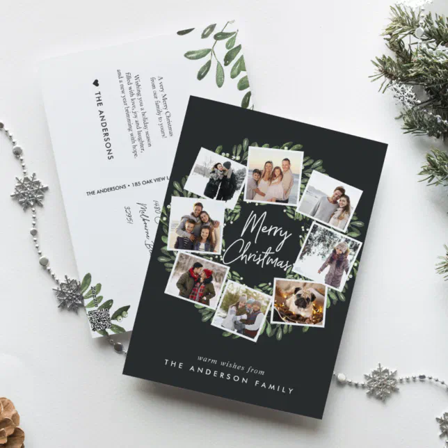 Naturally Joyful Wreath | Photo Collage Christmas Holiday Postcard | Zazzle