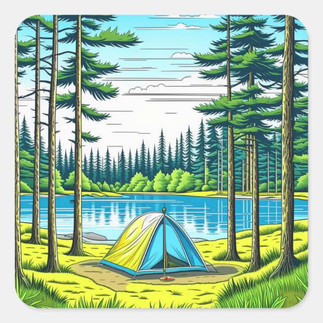 Nature Camping Themed Tent in the Woods Square Sticker | Zazzle