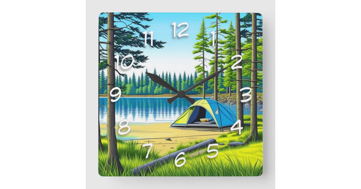Nature Camping Themed Tent in the Woods Square Wall Clock | Zazzle