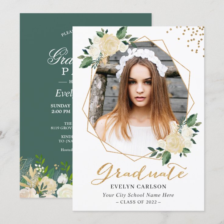 Nature Green Gold Floral Photo Graduation Party Invitation | Zazzle