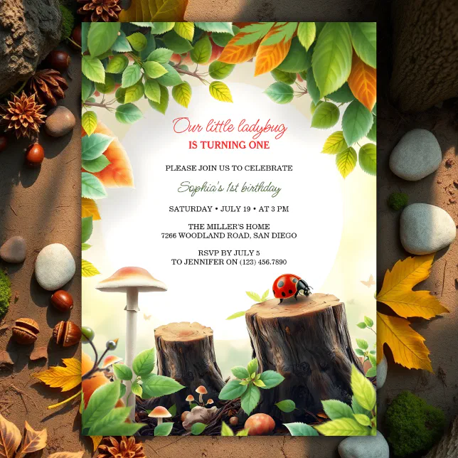 Nature-Themed Woodland Ladybug Girl 1st Birthday Invitation | Zazzle