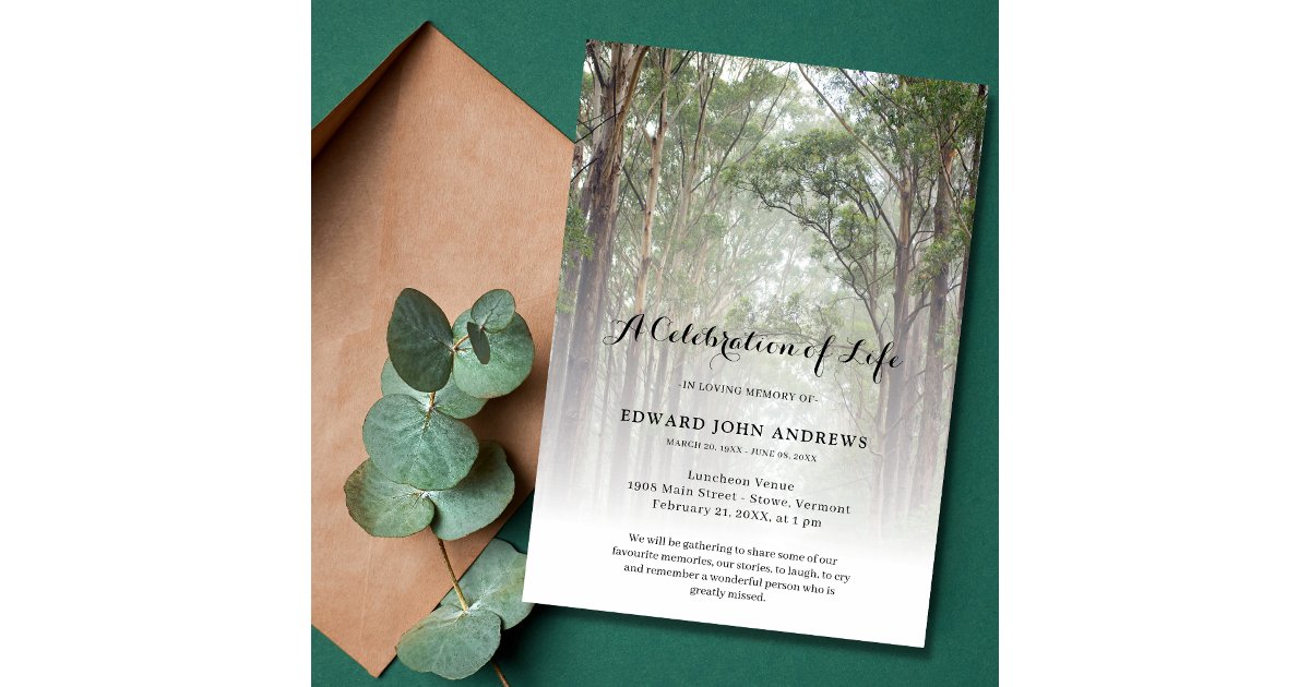 Nature Trees Forest Celebration of Life Funeral Invitation | Zazzle