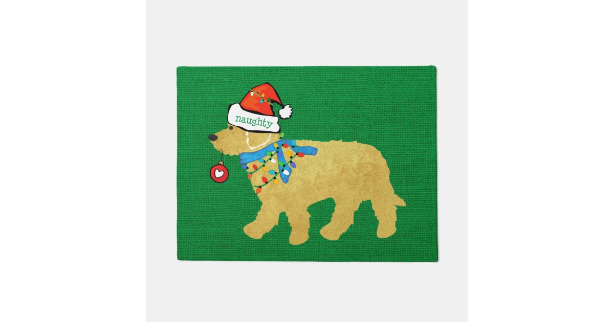 Naughty Christmas Goldendoodle Xmas Green Burlap Doormat | Zazzle