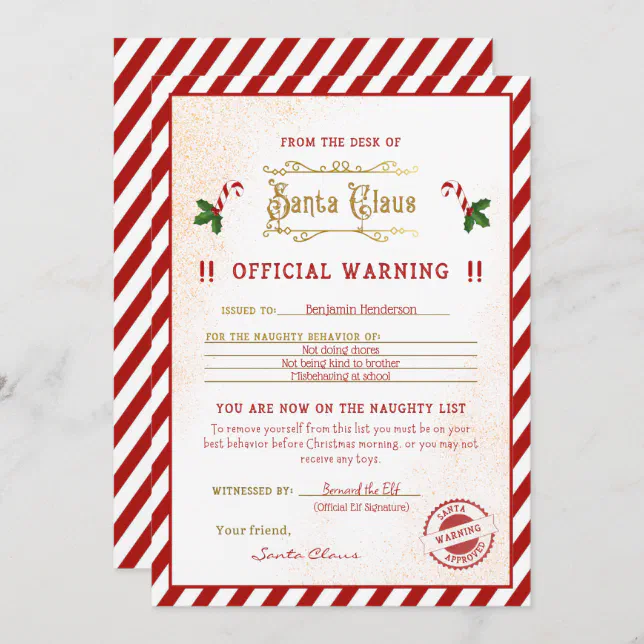 Naughty List Warning Santa Letter Invitation | Zazzle