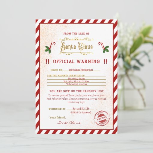 Naughty List Warning Santa Letter Invitation | Zazzle