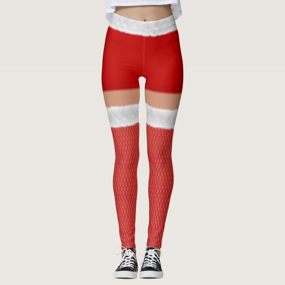 Naughty Mrs Santa Claus Red Hold Ups Funny Festive Leggings | Zazzle