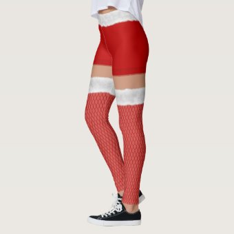 Naughty Mrs Santa Claus Red Hold Ups Funny Festive Leggings | Zazzle