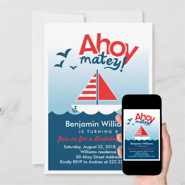 Nautical Ahoy Matey Birthday Party Invite | Zazzle