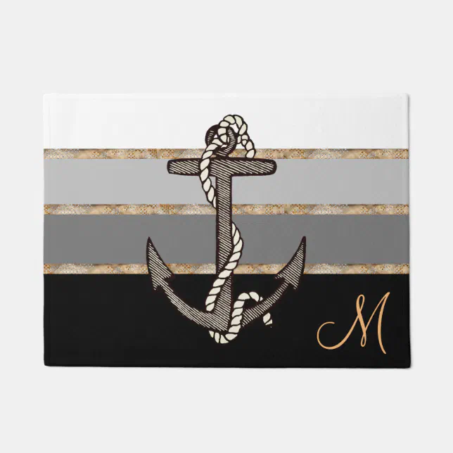 Nautical Anchor and Rope (black gradient/monogram) Doormat | Zazzle
