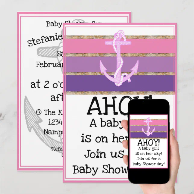 Nautical Anchor and Rope Girl Baby Shower (pink) Invitation | Zazzle