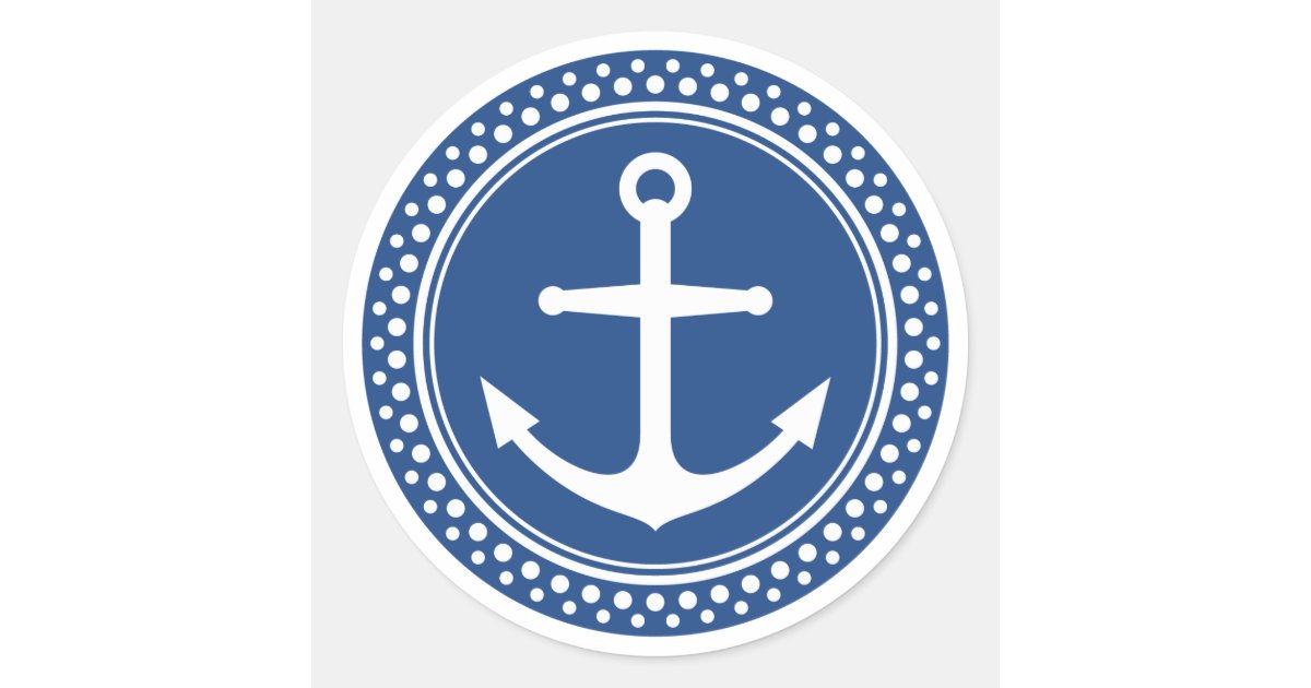 Nautical anchor, blue background with dot border classic round sticker ...