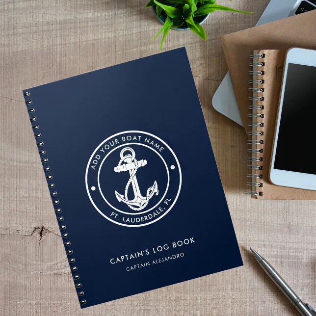 Nautical Anchor Boat Name Navy Blue Captain's Log Notebook | Zazzle