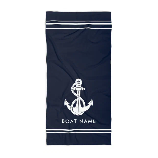 Nautical Anchor Boat Name Navy Blue Custom Beach Towel | Zazzle