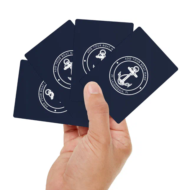 Nautical Anchor Boat Name Navy Blue Custom Poker Cards | Zazzle