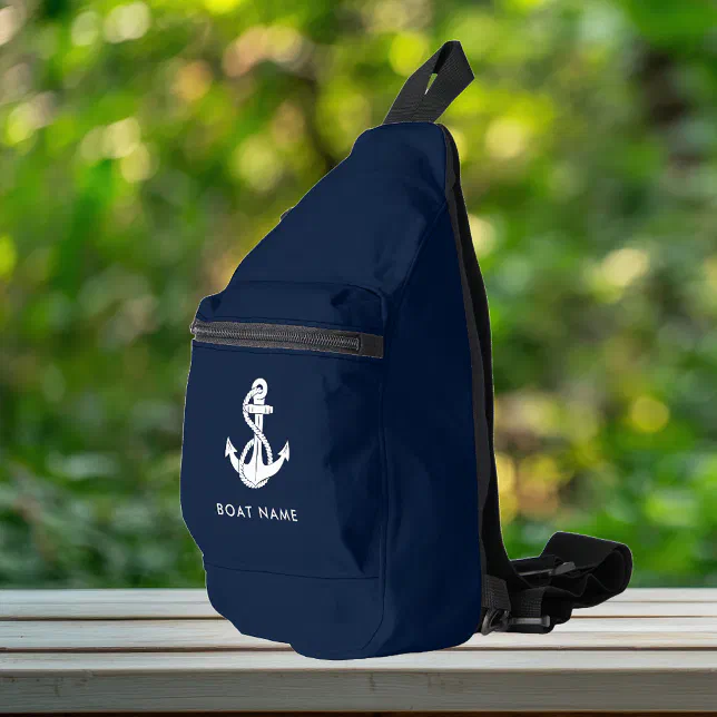 Nautical Anchor Boat Name Navy Blue Custom Sling Bag | Zazzle