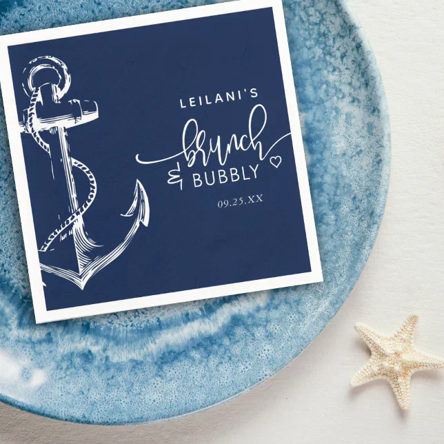 Nautical Anchor Brunch Bubbly Navy Blue Napkins | Zazzle
