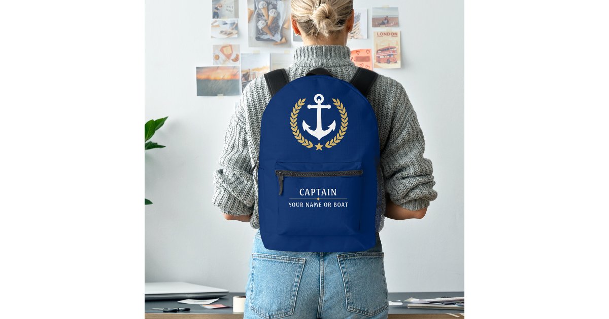 Nautical Anchor Captain Boat Name Gold Laurel Navy Printed Backpack ...