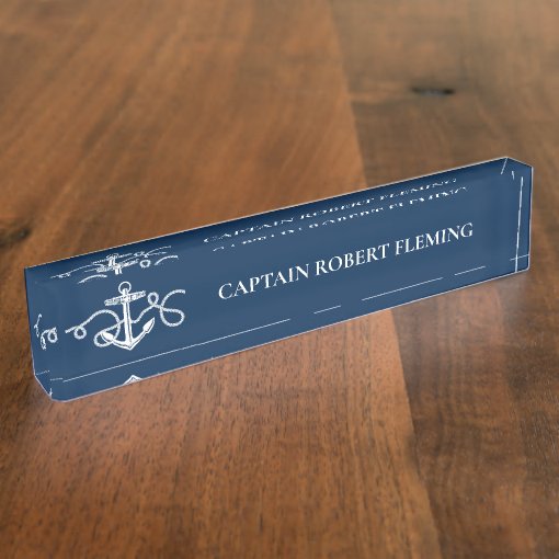 Nautical Anchor Captain Name Navy Blue Desk Name Plate | Zazzle