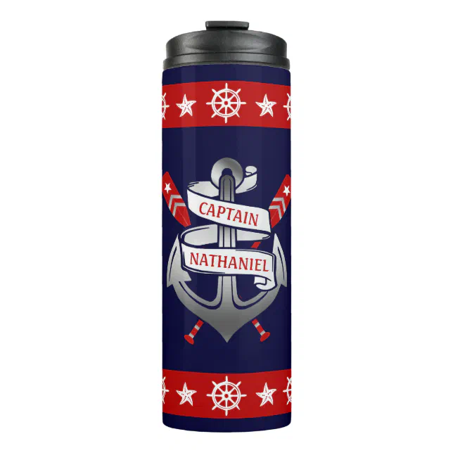 Nautical Anchor Captain Name Navy Red Oars Sailor Thermal Tumbler | Zazzle