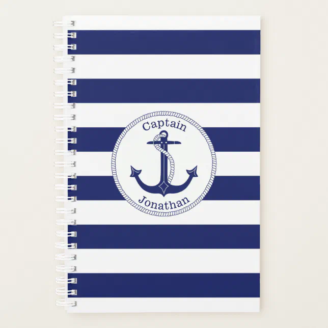 Nautical Anchor Captain Navy Blue Stripe Planner | Zazzle
