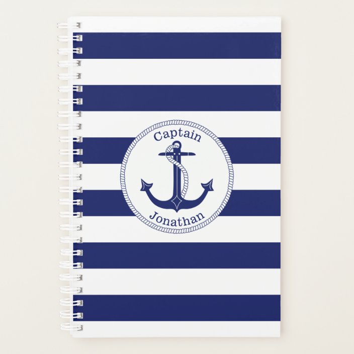 Nautical Anchor Captain Navy Blue Stripe Planner | Zazzle.com