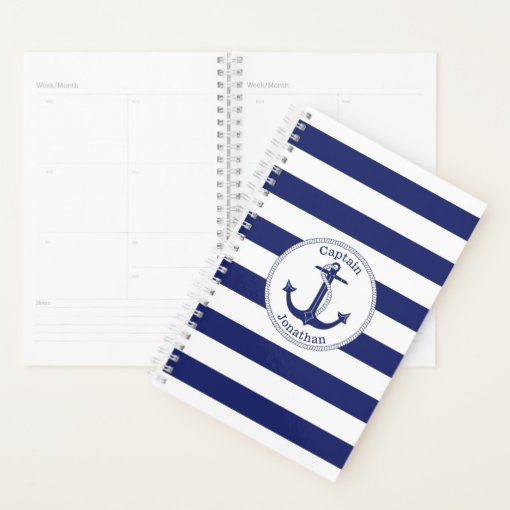 Nautical Anchor Captain Navy Blue Stripe Planner | Zazzle