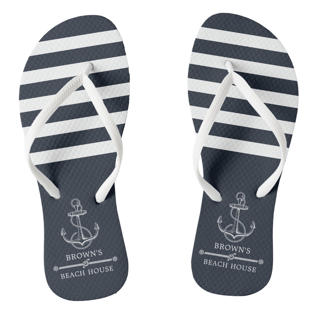 Nautical Anchor Family Name Beach Lake House Flip Flops | Zazzle