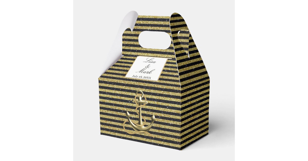 Nautical Anchor Gold Black Stripes Wedding Favor Boxes | Zazzle