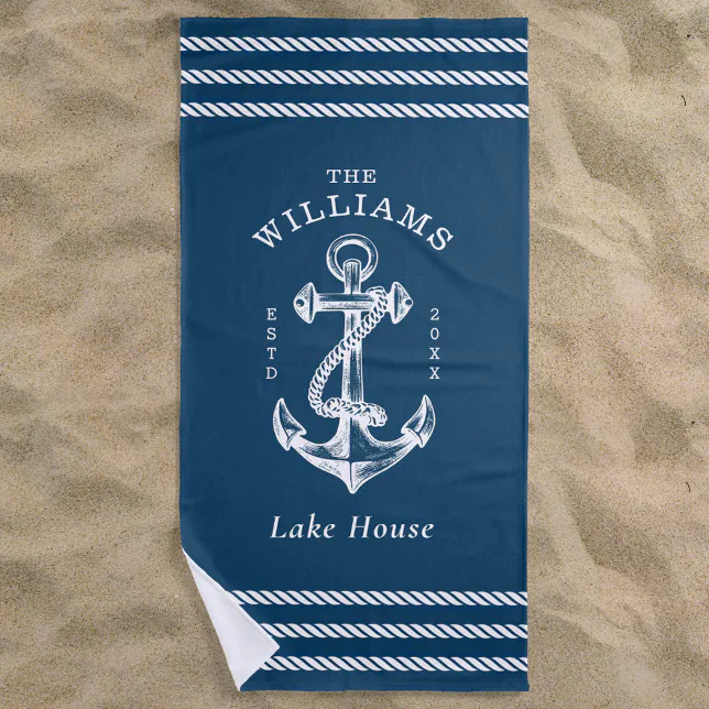 Nautical Anchor Lake House Navy Blue Beach Towel | Zazzle