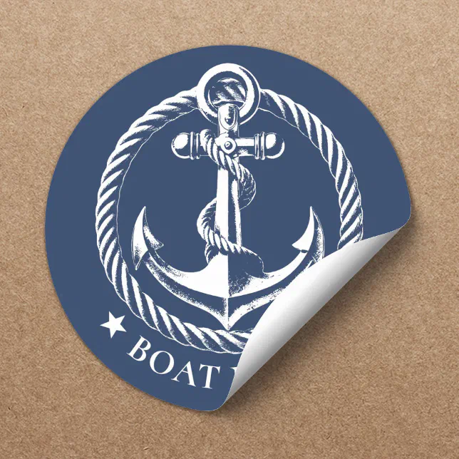 Nautical Anchor Logo Navy Blue Boat Name Classic Round Sticker | Zazzle
